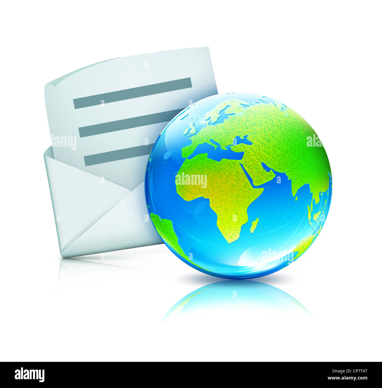 illustration of glossy earth map globe with open envelope Stock Photo ...