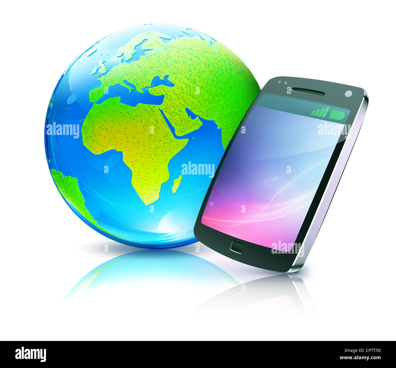 illustration of cool detailed cell phone icon with glossy earth map ...