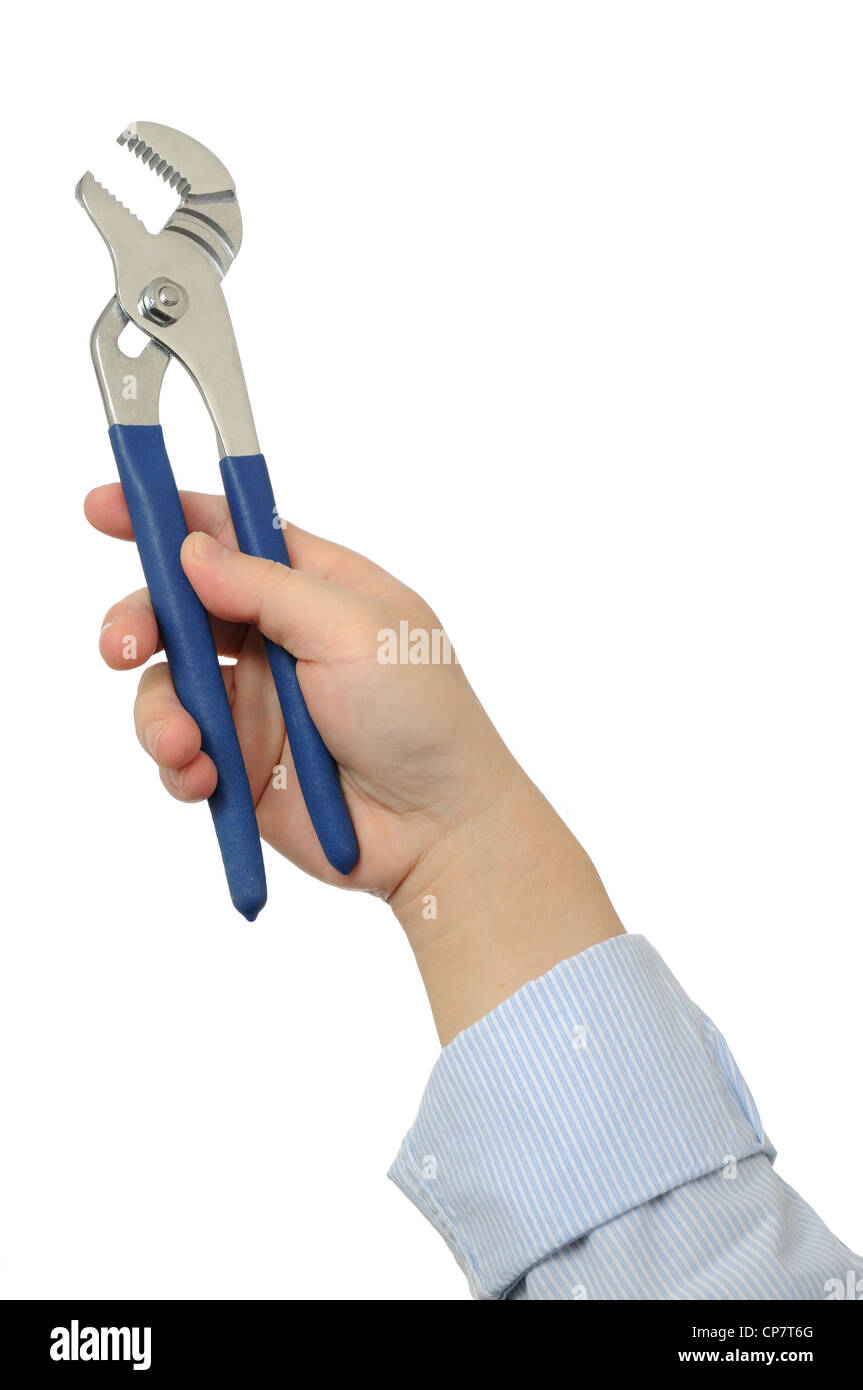 Business man holding wrench Stock Photo - Alamy