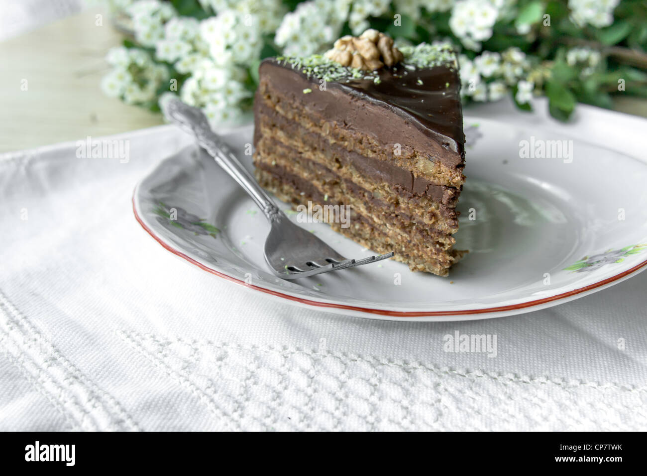 A piece of dark chocolate cake on a plate Stock Photo - Alamy