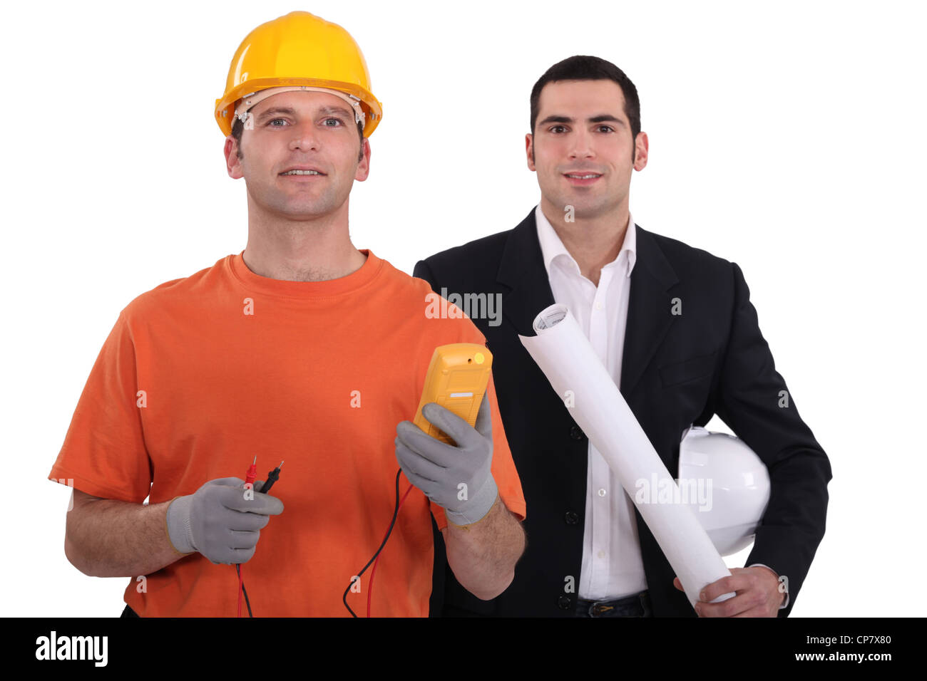 Designer with electrician Stock Photo - Alamy