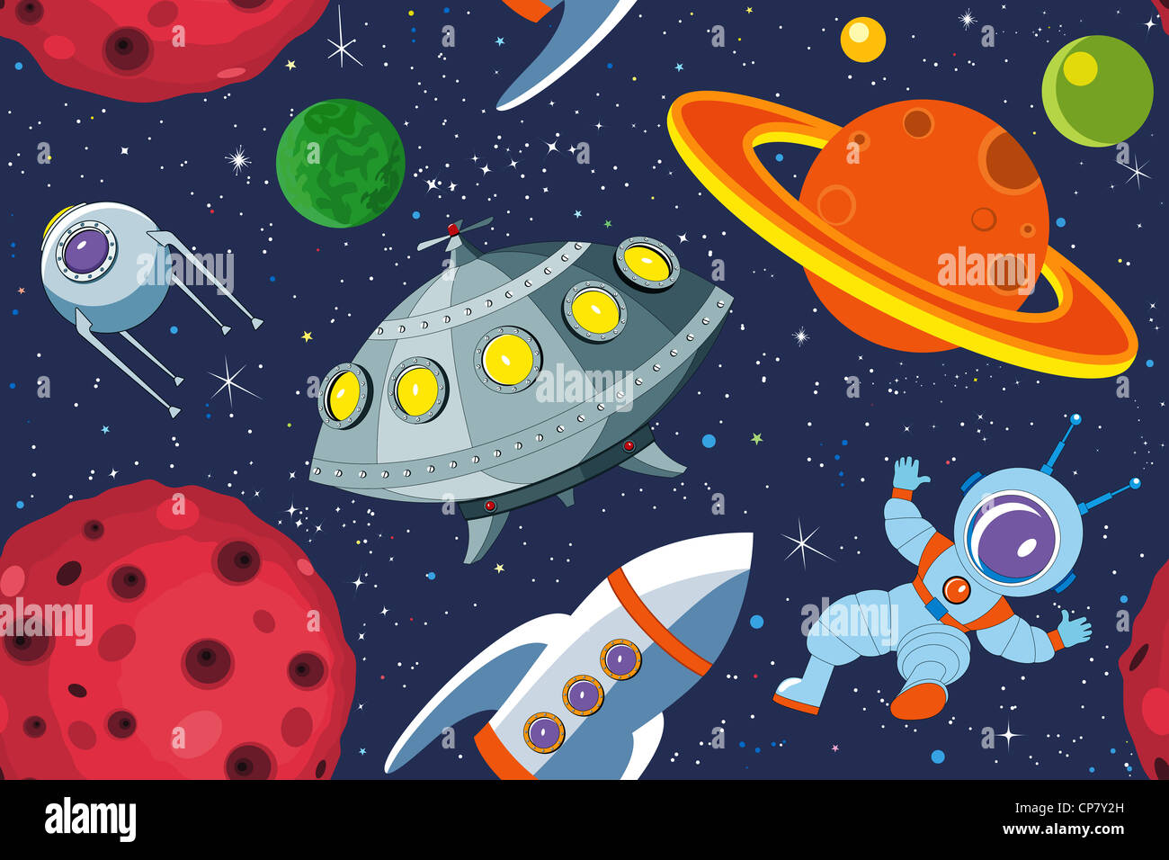 Cartoon background with UFO, rocket, astronaut, satellite and planets ...