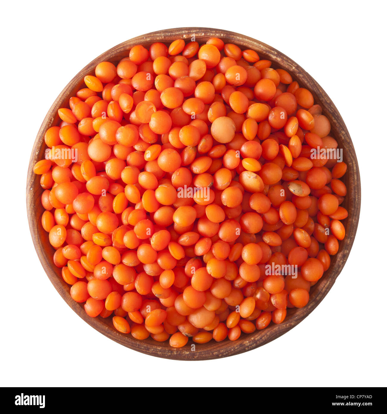 wooden bowl full of red lentils isolated on white background Stock ...