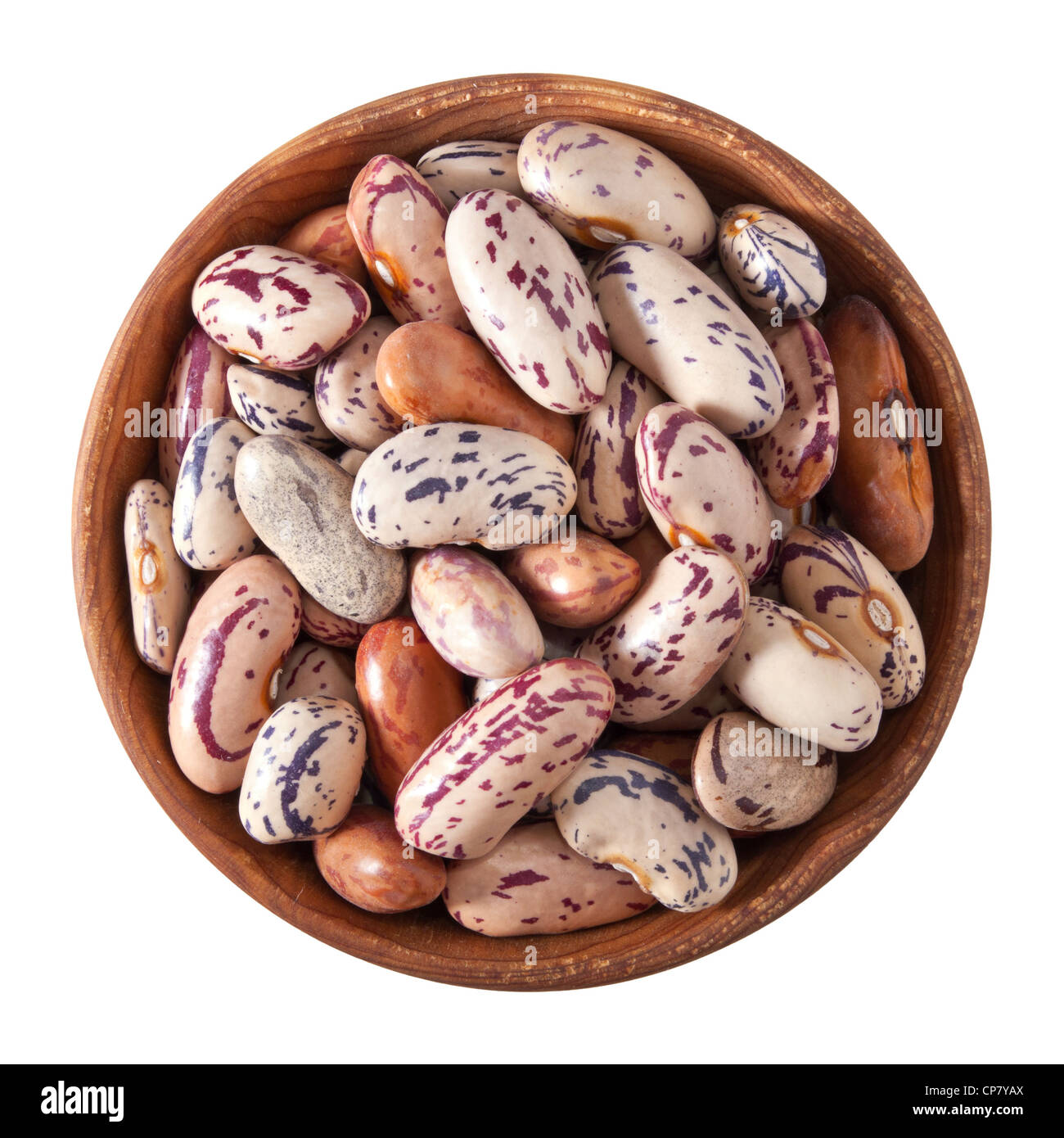 wooden bowl full of speckled beans isolated on white background Stock ...