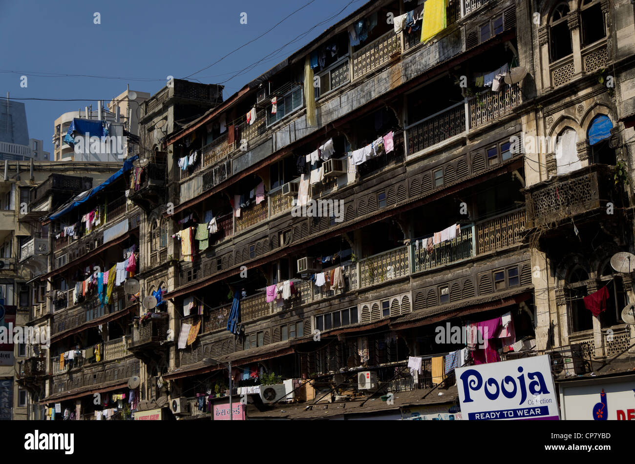 run-down Mumbai apartments with clothes drying in the sun, India Stock ...
