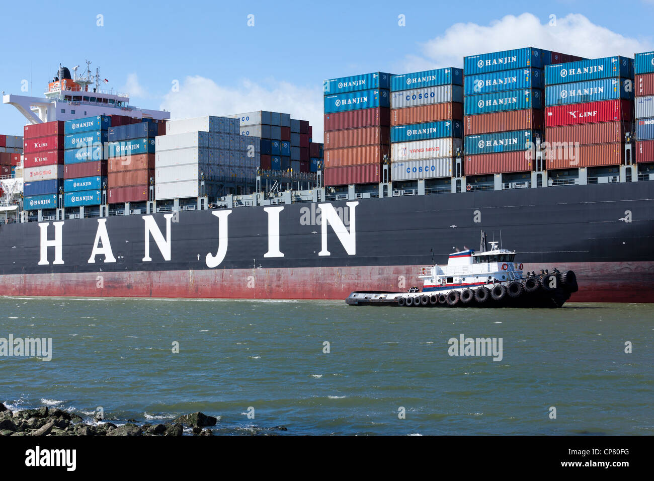 Hanjin shipping container ship, flagged by a tugboat, entering port of ...