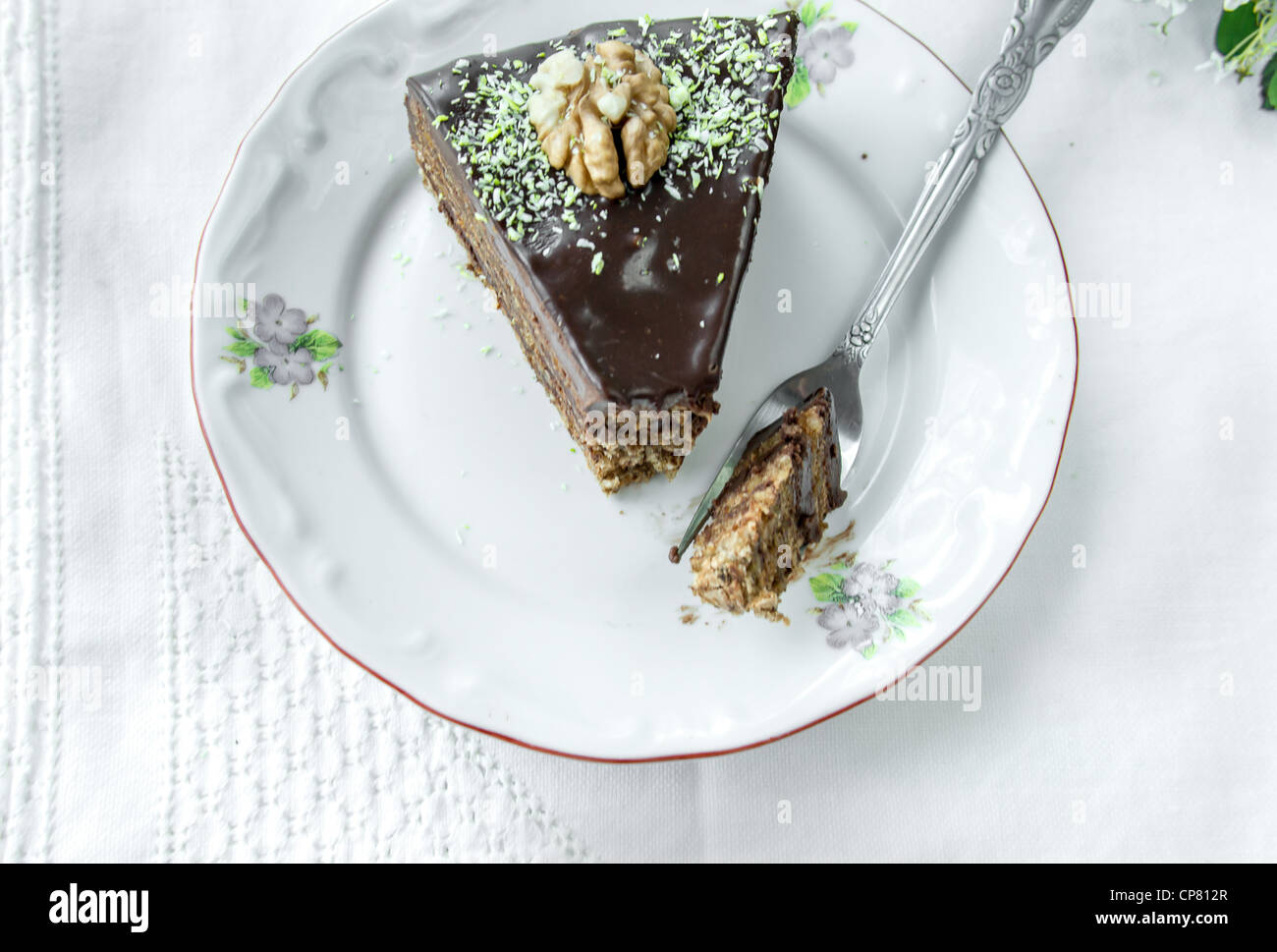 A piece of dark chocolate cake on a plate Stock Photo - Alamy