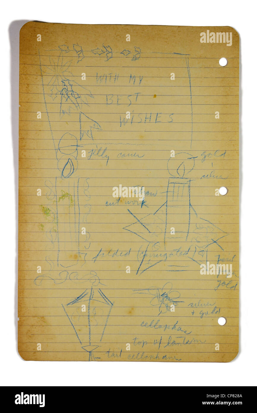vintage, old notebook leaf paper decoration with writings for ...