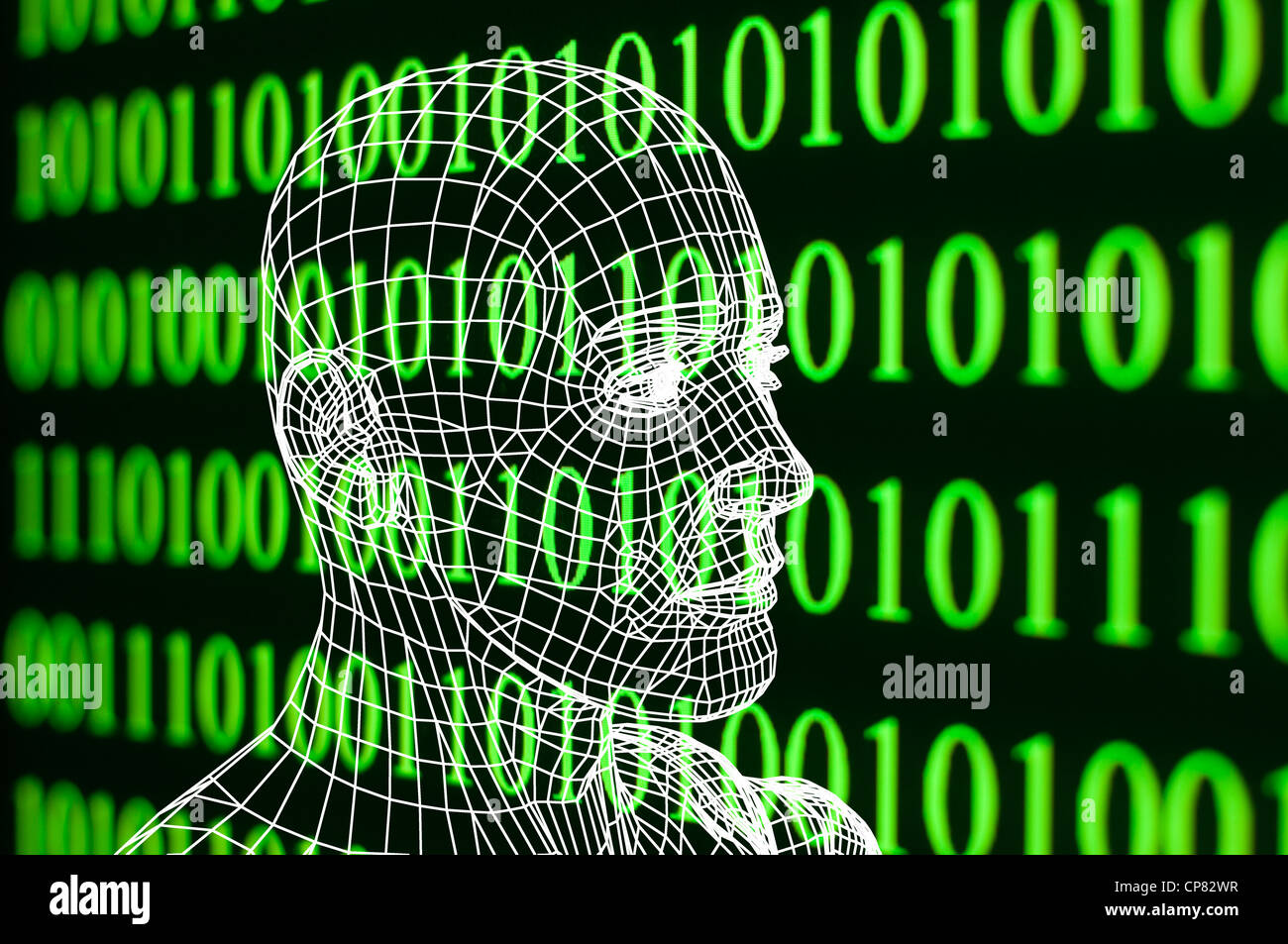 wire frame view of male robot head with binary code background Stock ...