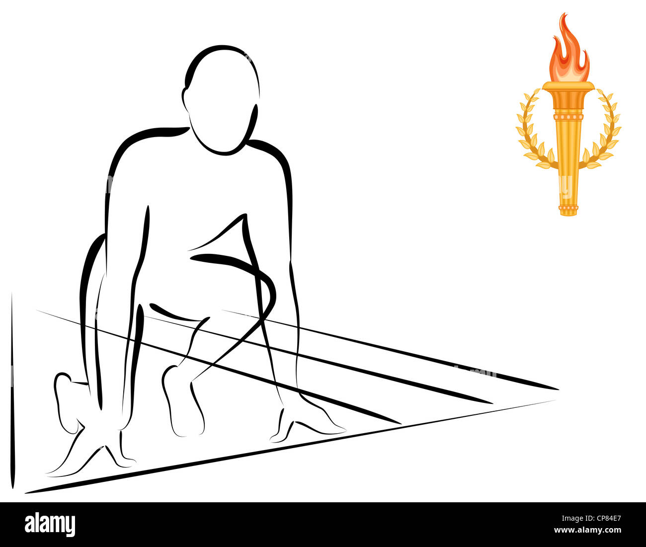 Athlete ready to start running and winning. With gold torch and crown ...