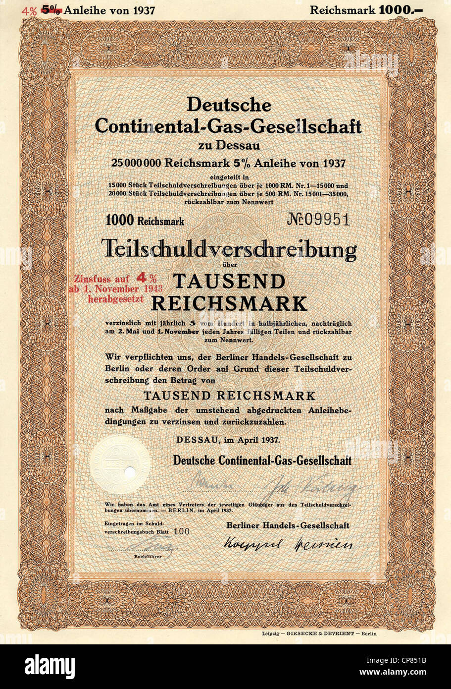 Historic stock certificate, Reichsmarks obligation, Germany ...