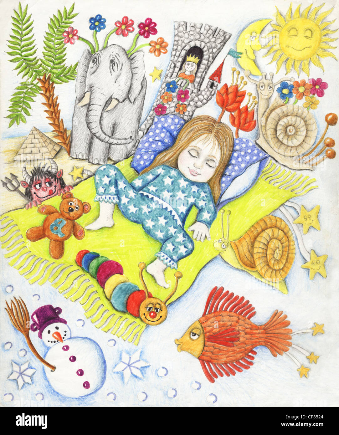 Acrylic illustration of little cute boy dreaming Stock Photo - Alamy
