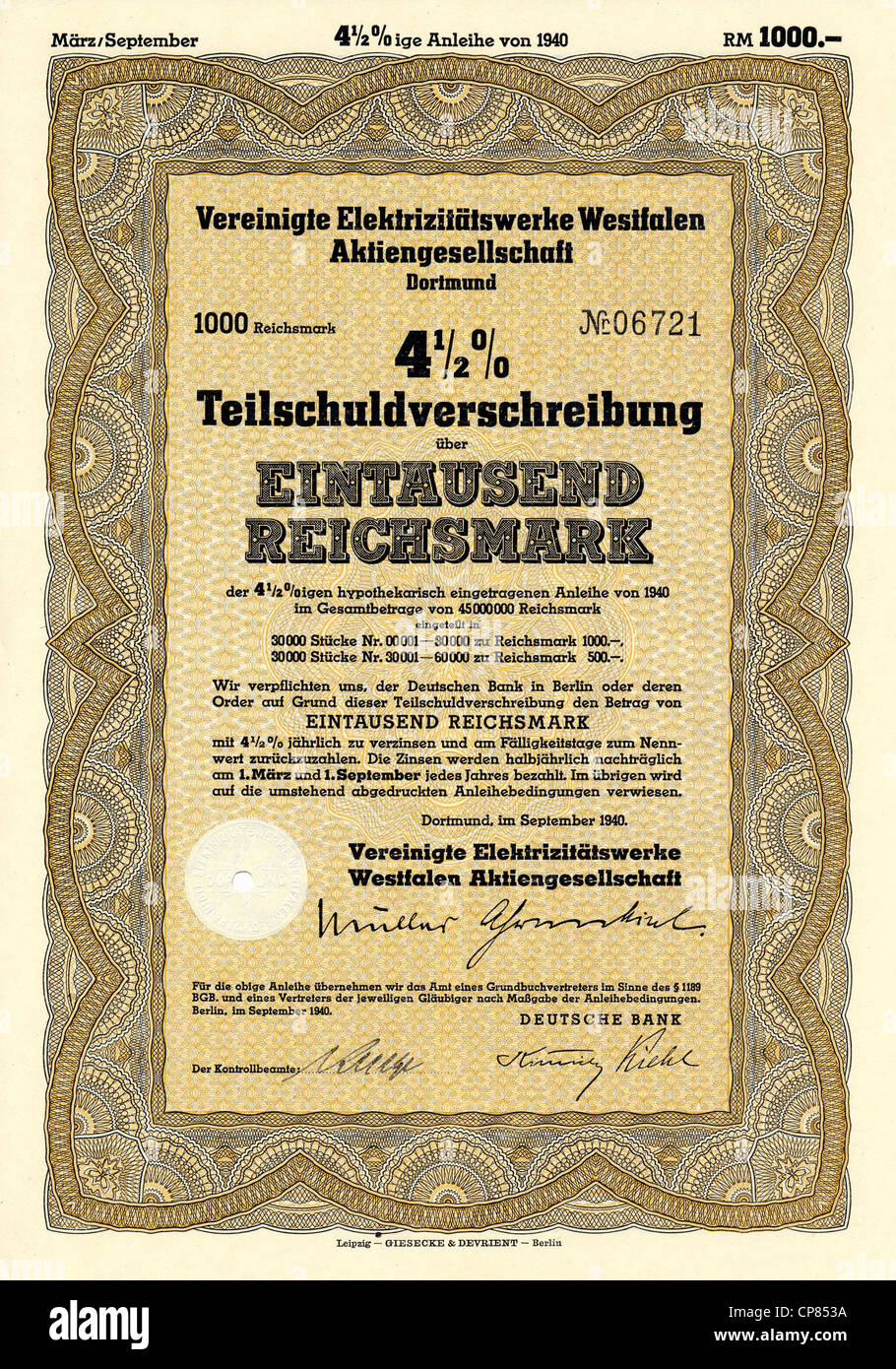 Historic stock certificate, Reichsmarks obligation, Germany ...