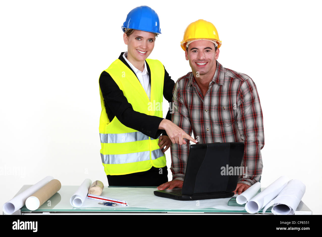 Architect and builder with laptop Stock Photo - Alamy