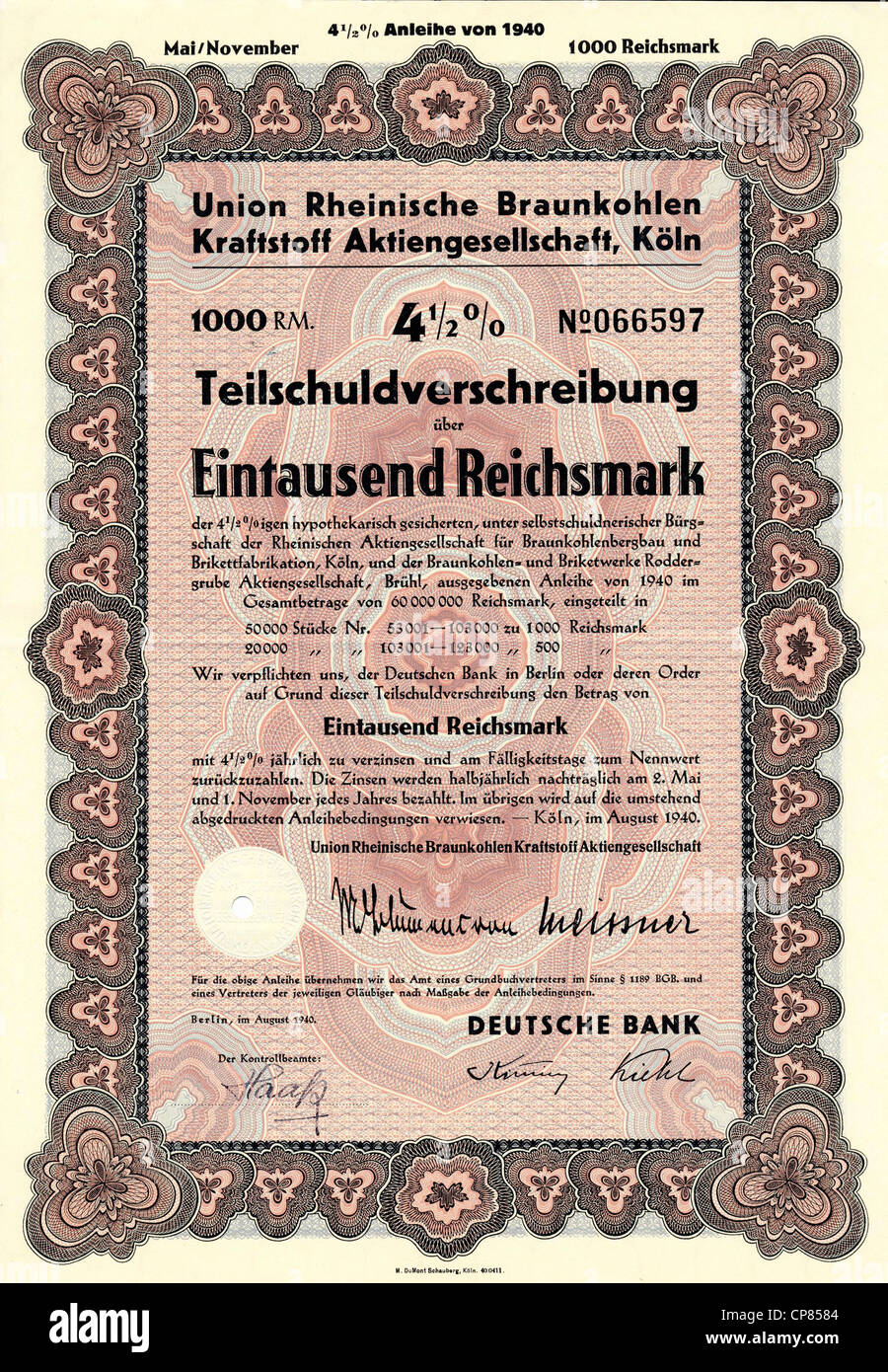 Historic stock certificate, Reichsmarks obligation, Germany ...