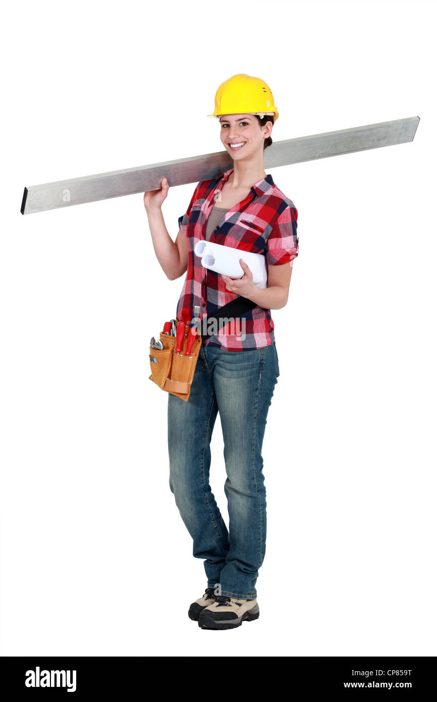 Female construction worker carrying Cut Out Stock Images & Pictures - Alamy