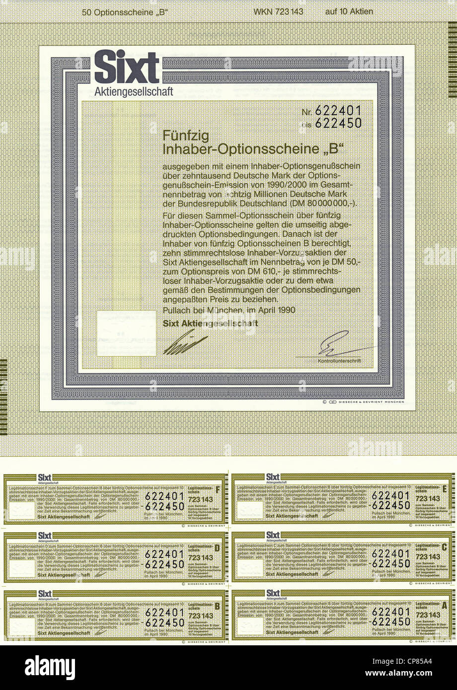 Historic stock certificate, Securities certificate, bearer warrant ...