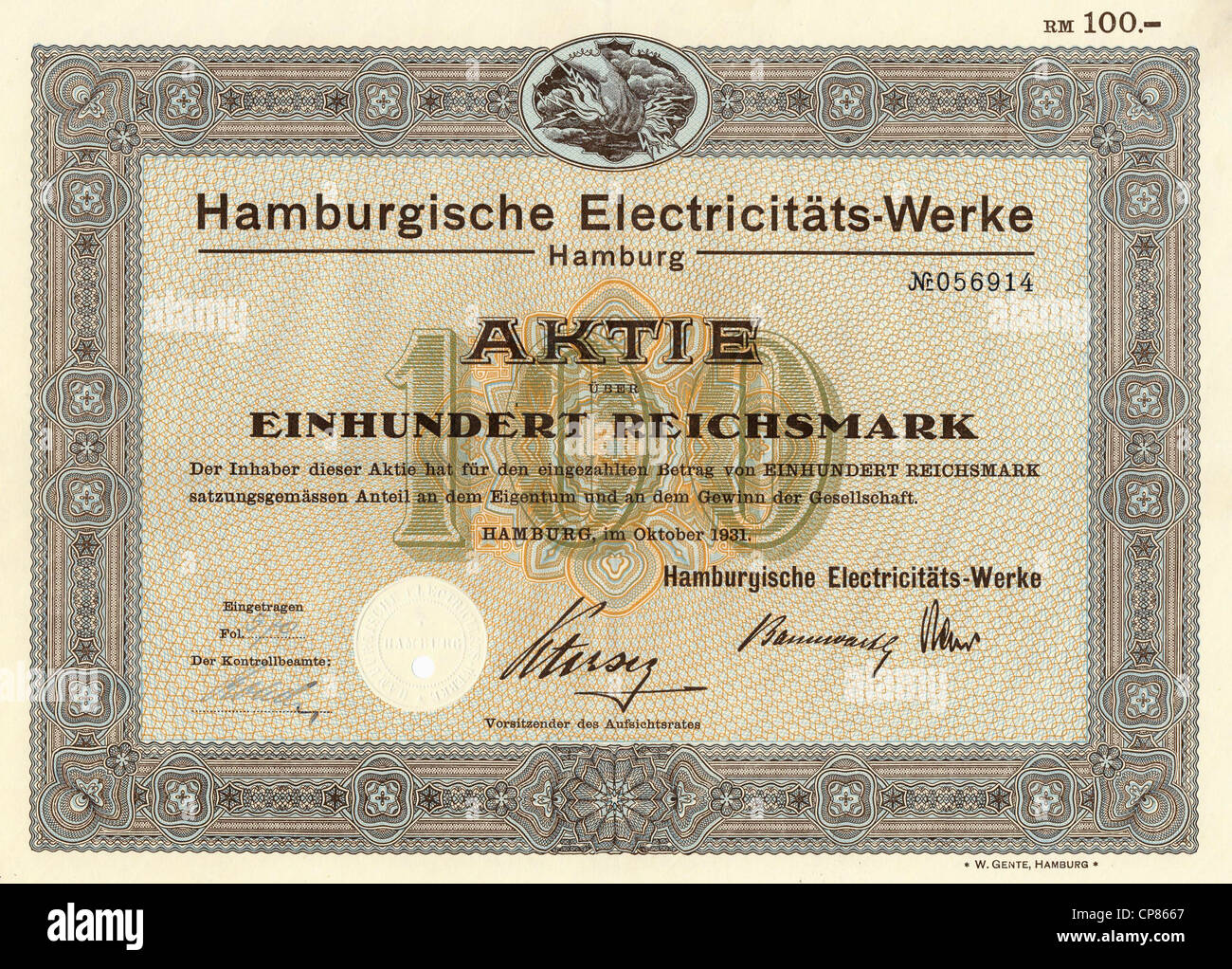 Historic stock certificate, Reichsmarks obligation, Germany ...
