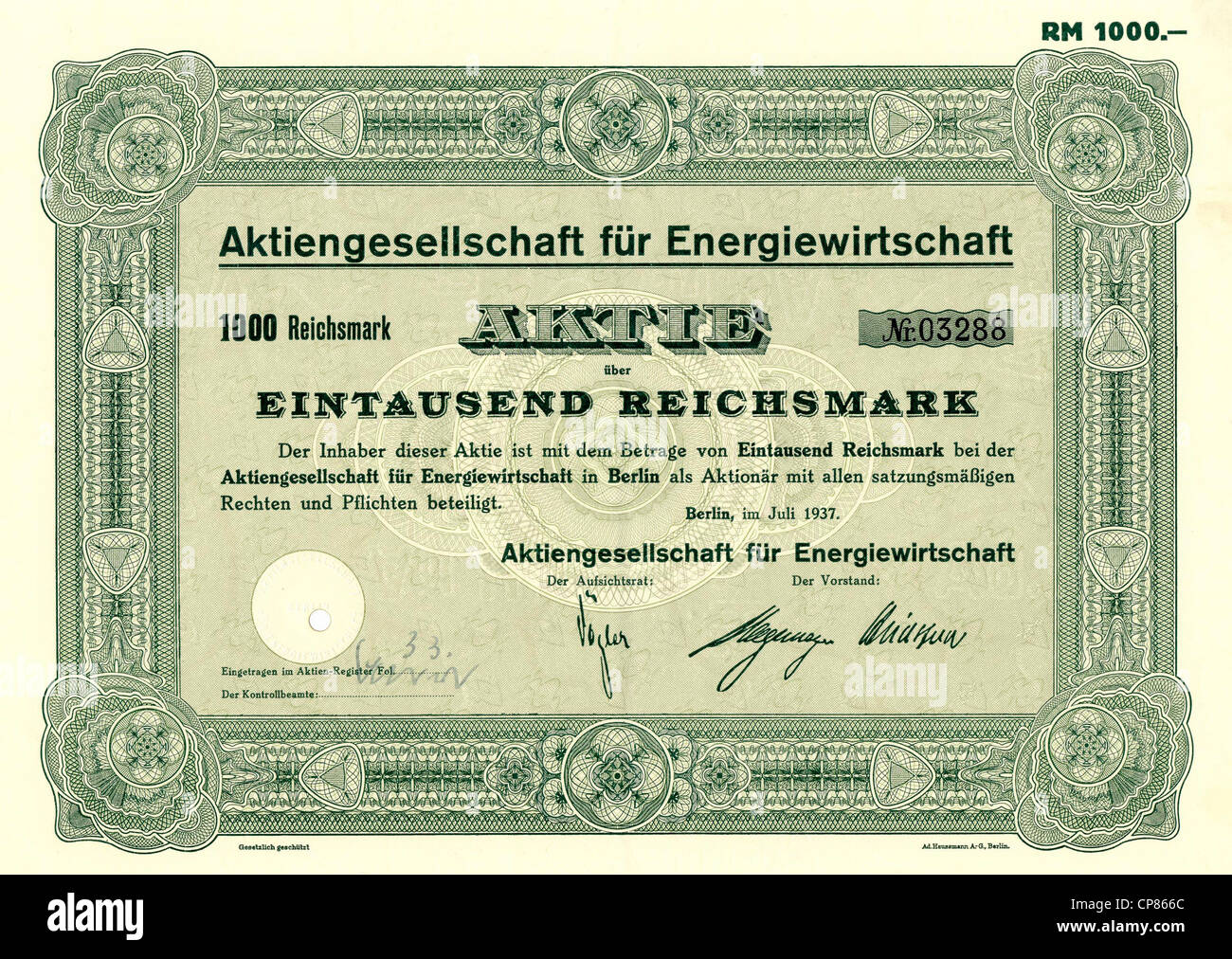 Historic stock certificate, Reichsmarks obligation, Germany ...