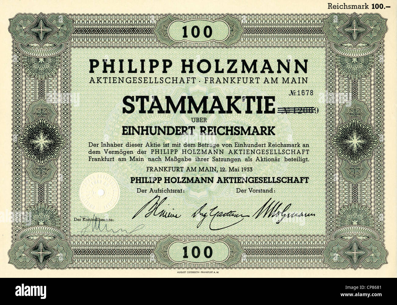 Historic stock certificate, Reichsmarks obligation, Germany ...