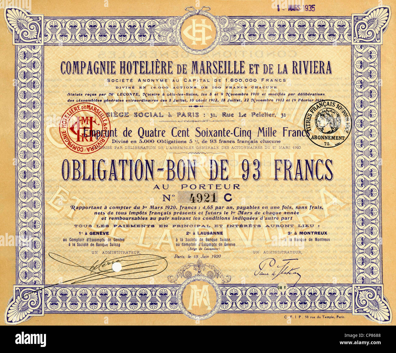 Historic share certificate, hotel and tour company, France, Paris ...