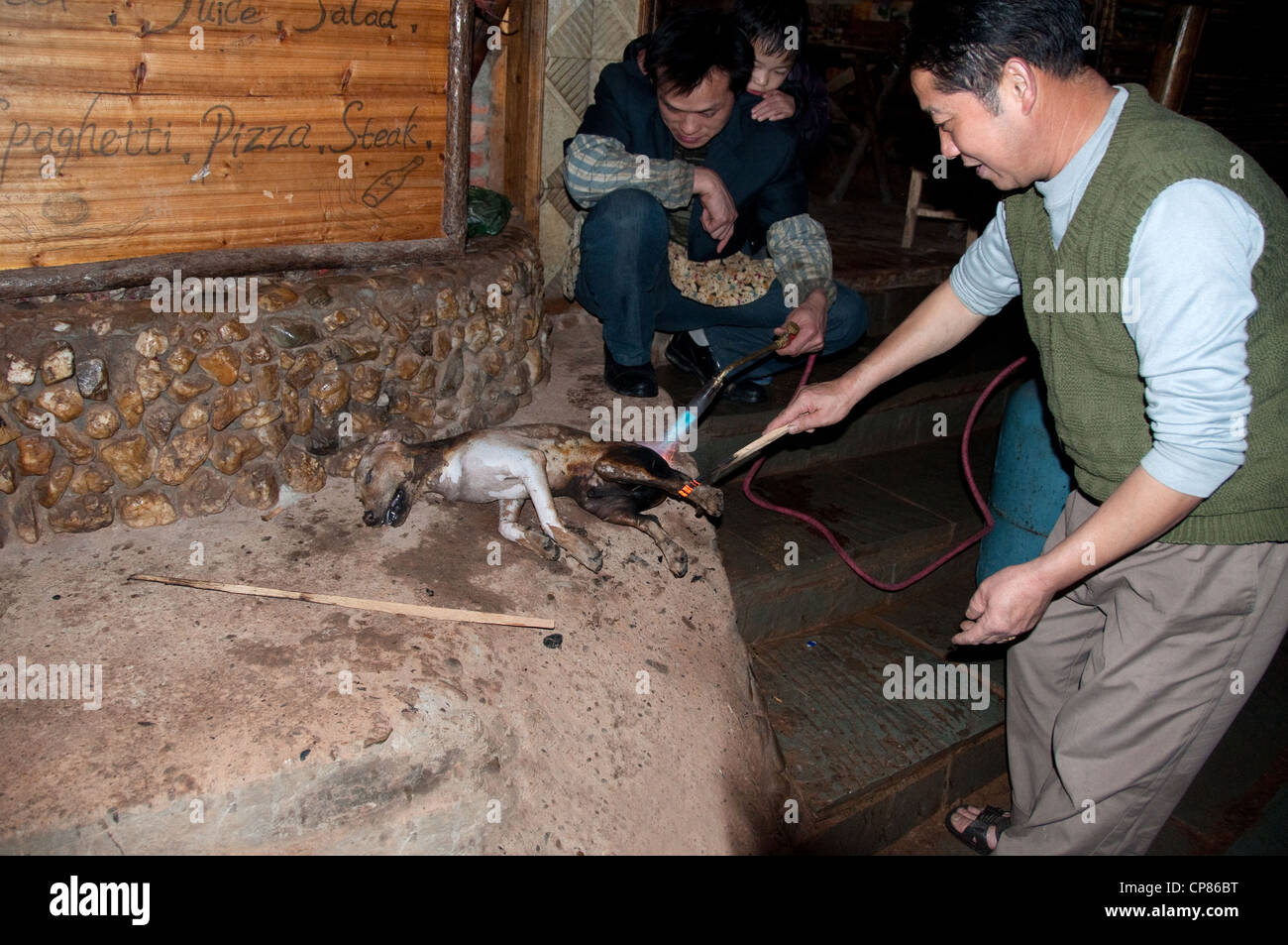 Two men and a boy burning a dog with oxyhydrogen flame, Chengyang Stock ...