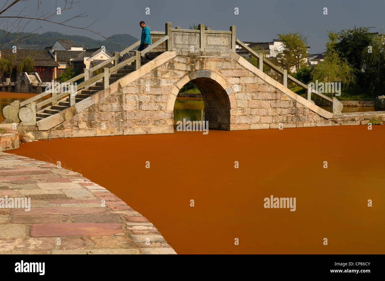 Man walking over stone bridge with bright red algae bloom scum on ...