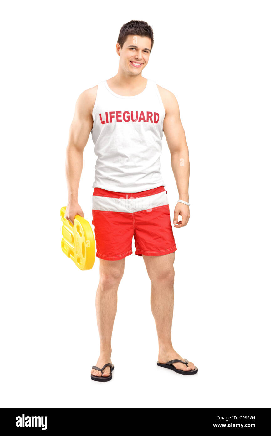 Full length portrait of a smiling lifeguard on duty posing isolated on ...