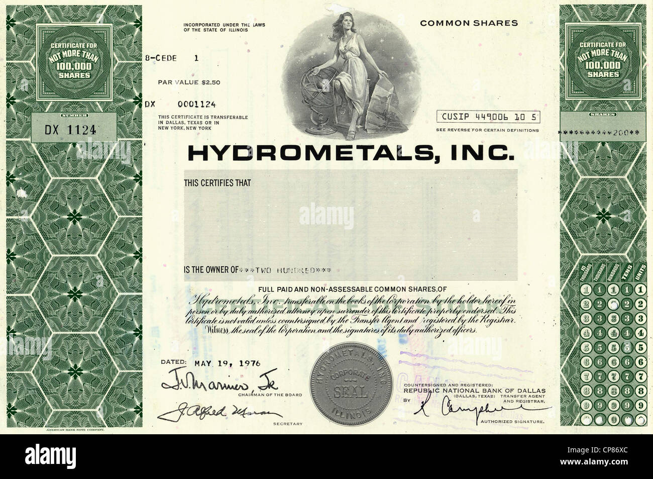 Historic share certificate, Hydrometals Inc., precious metals, aluminum ...