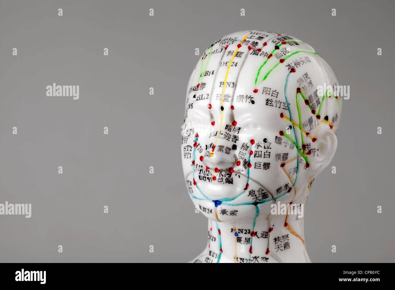 A female model with marked acupuncture points, Chinese characters on ...