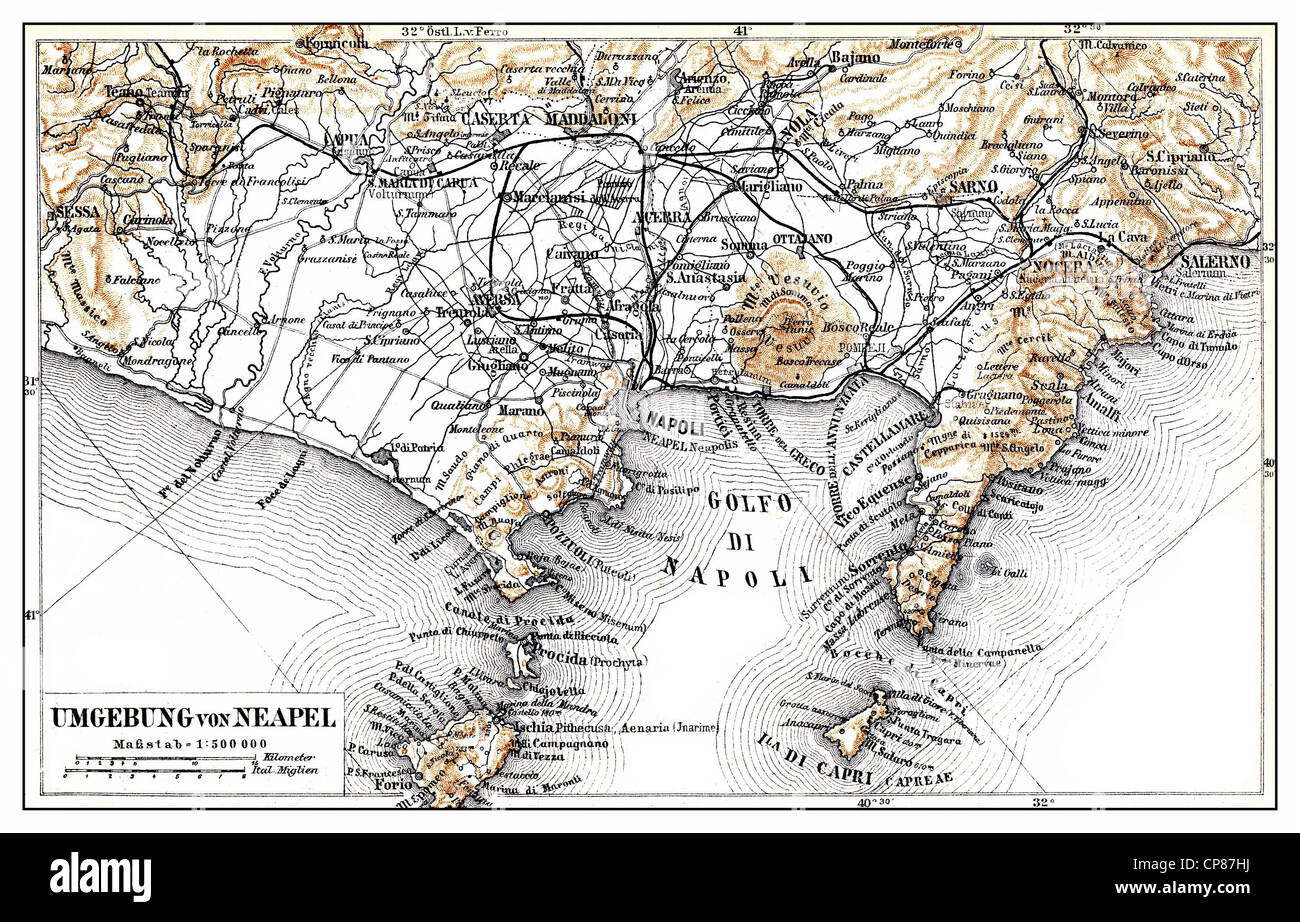 Historical map of Naples and surroundings, Italy, 19th Century ...