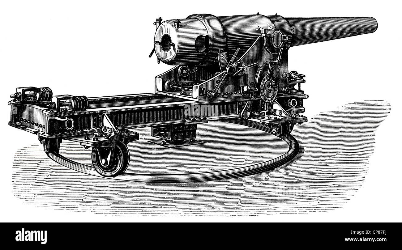 German marine turret cannon with an upper deck mount and a central ...