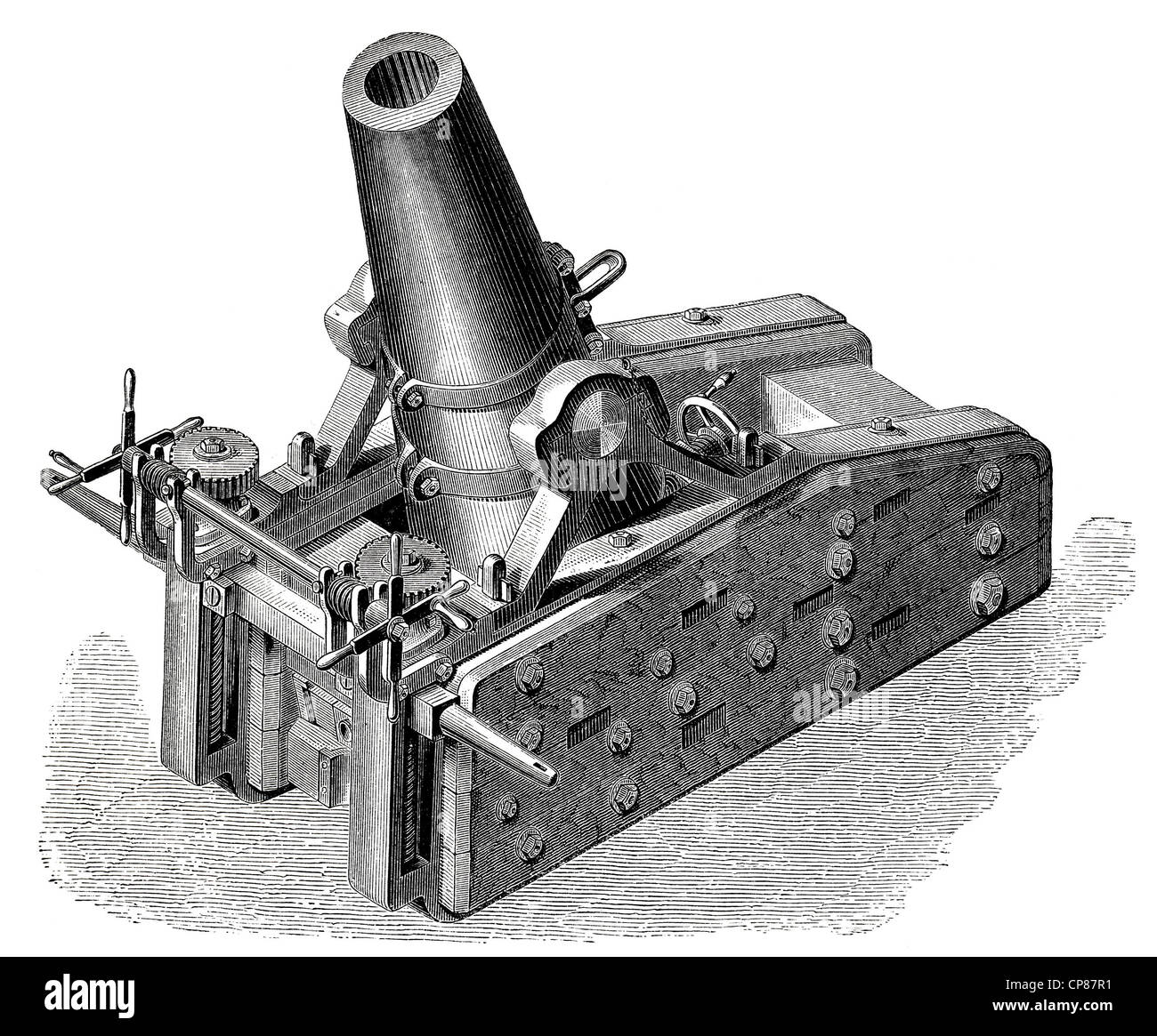 mortar of the German siege and fortress artillery in a mobile carriage ...