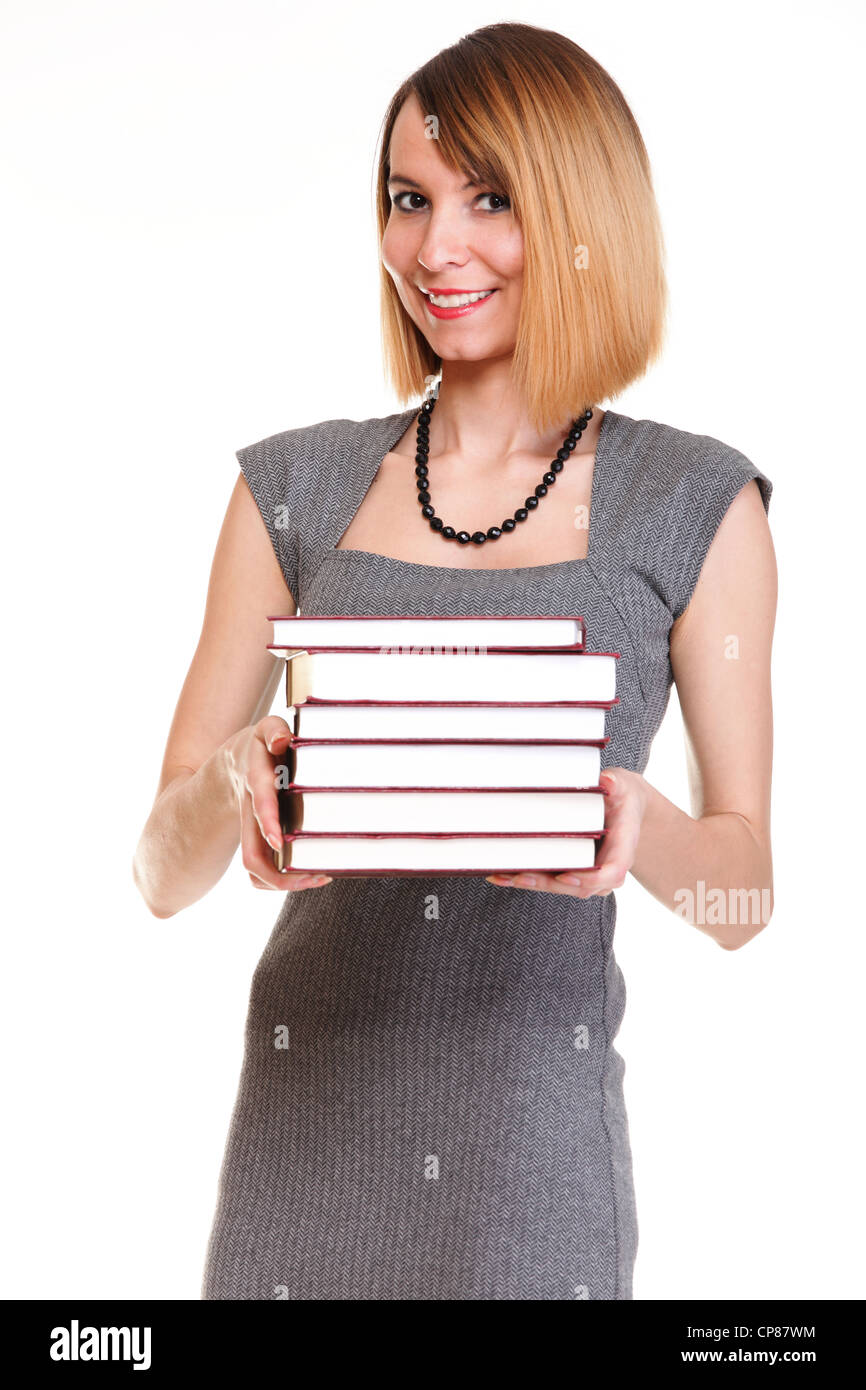 Beautiful young woman with red books isolated on a white background ...