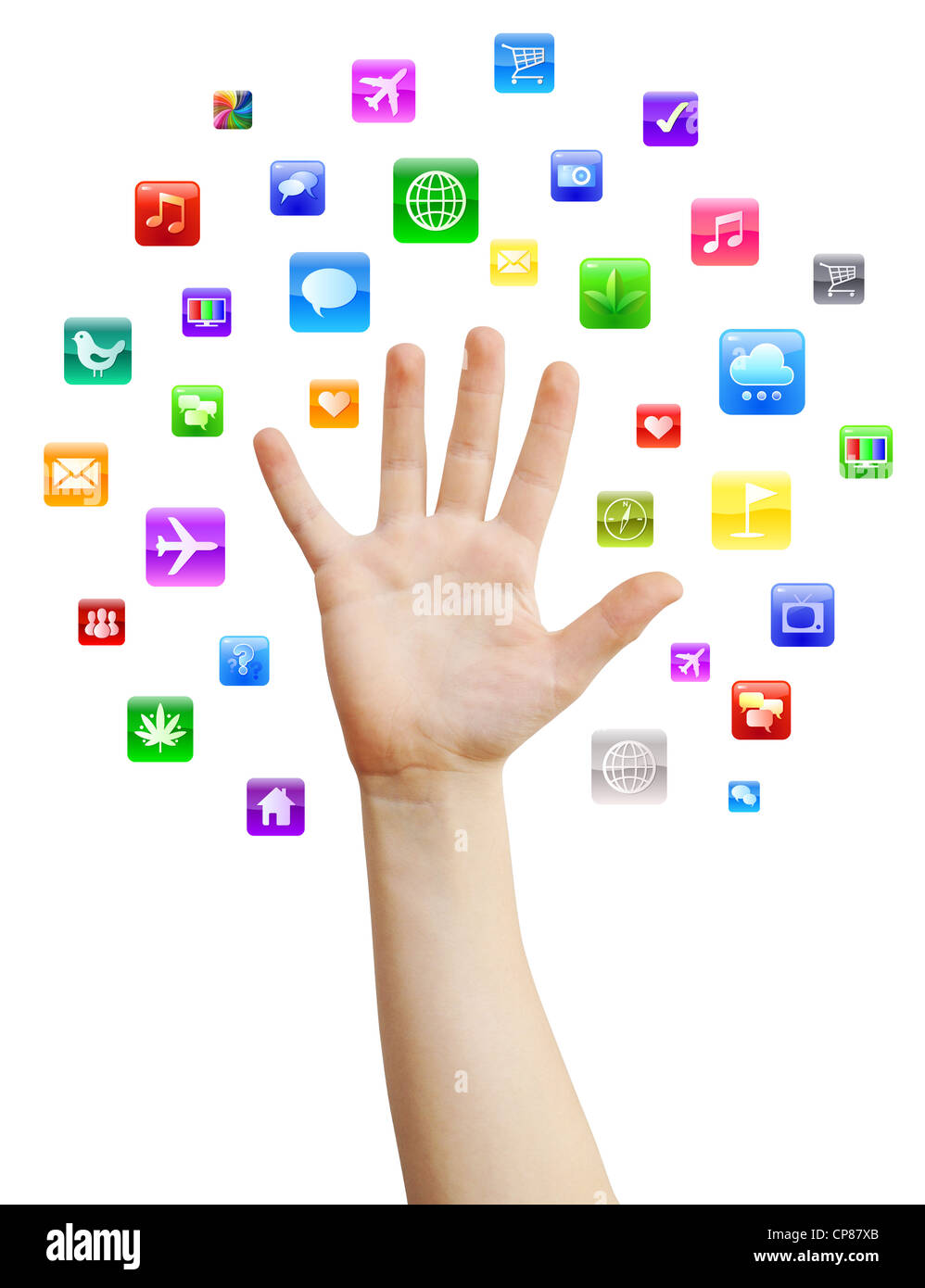 Human hand with variety of colorful mobile applications, isolated on ...