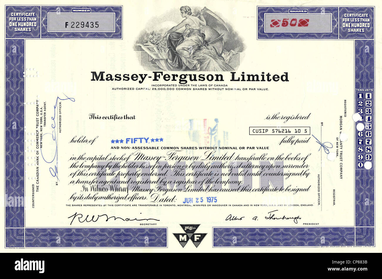Historical Canadian stock certificate, 1975, Massey Ferguson, a ...