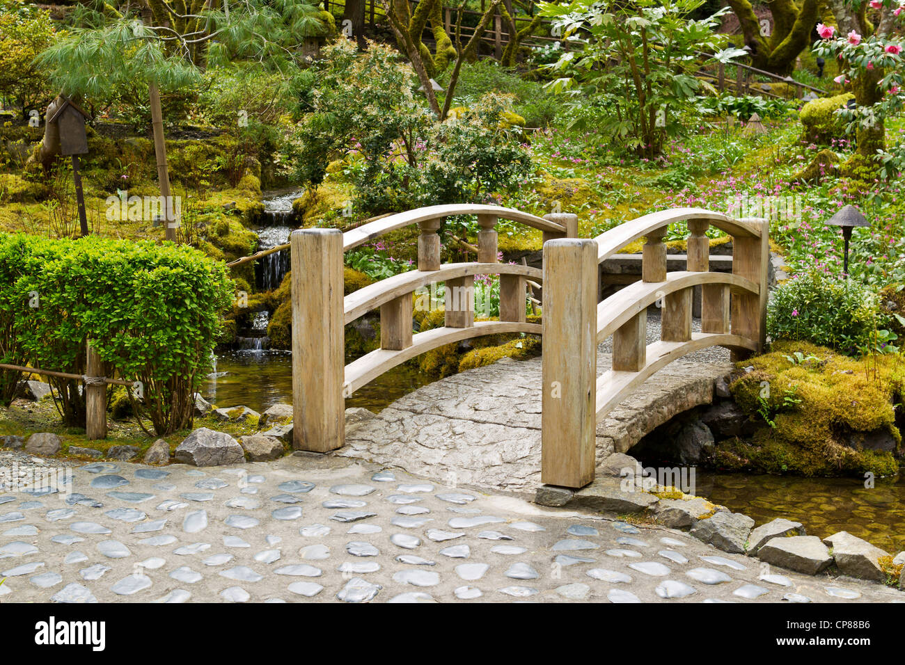 Wooden bridge crossing stream in Japanese Garden Stock Photo - Alamy