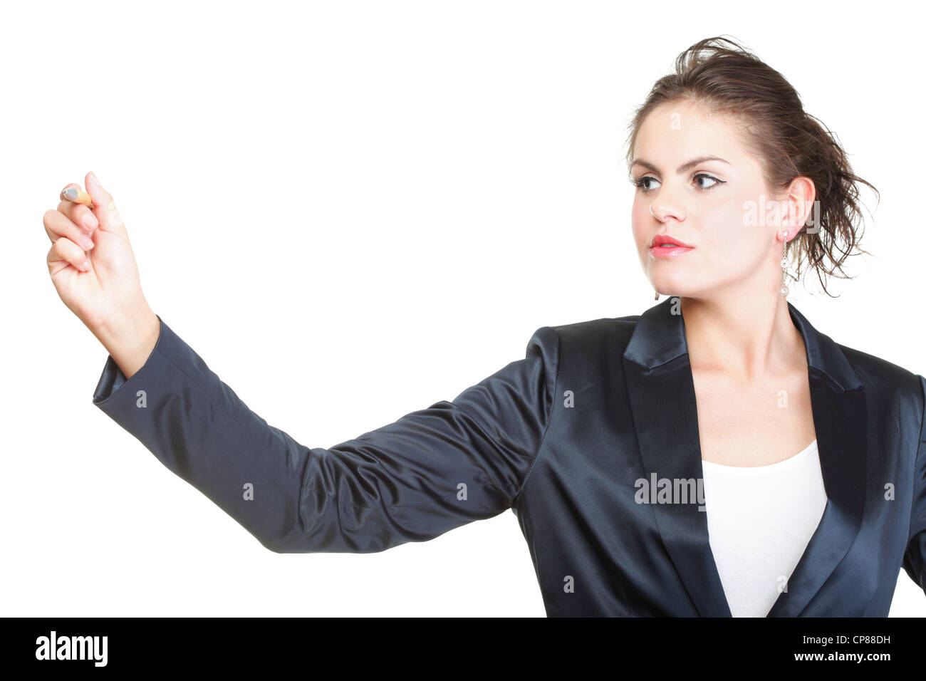 Business woman drawing something on screen with a pen - isolated over a ...