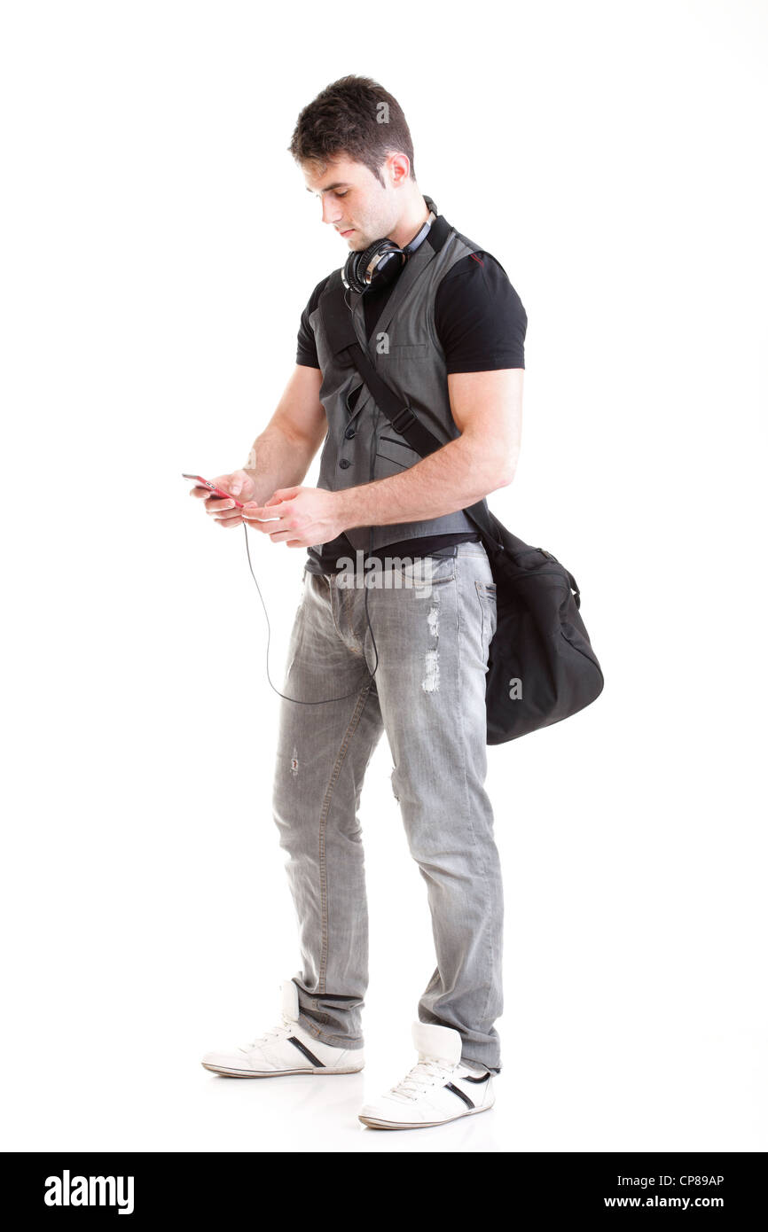 Full length portrait school boy phone isolated on white Stock Photo - Alamy