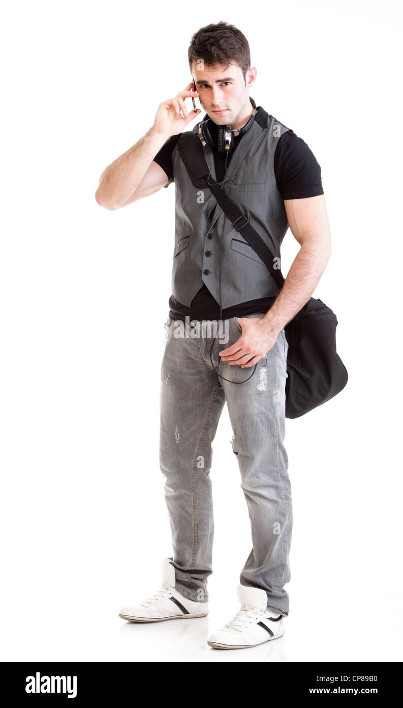 Full length portrait school boy phone isolated on white Stock Photo - Alamy