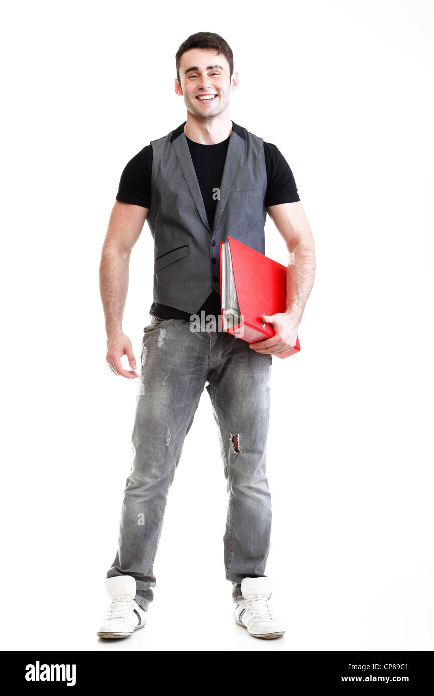 Portrait of young, successful, happy male student. Isolated on white ...