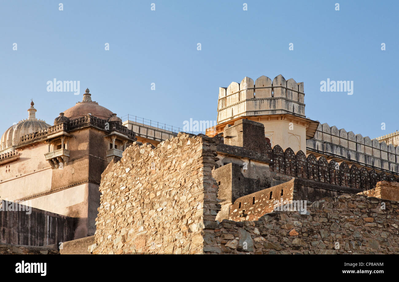 Residential quarters Kumbhalghar Fort under the evening sun with domed ...