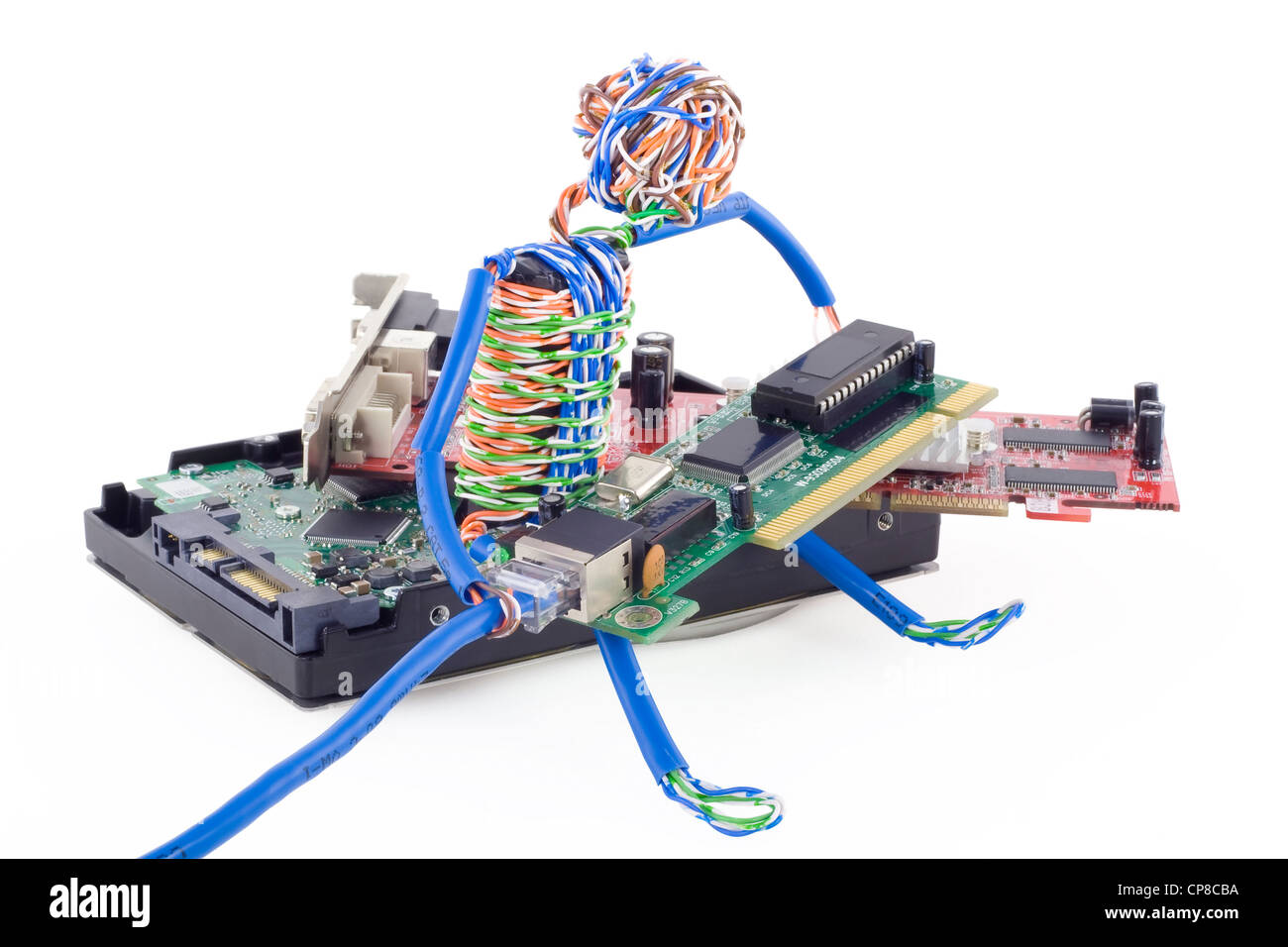 Twisted man assembled the computer from components and connects the ...