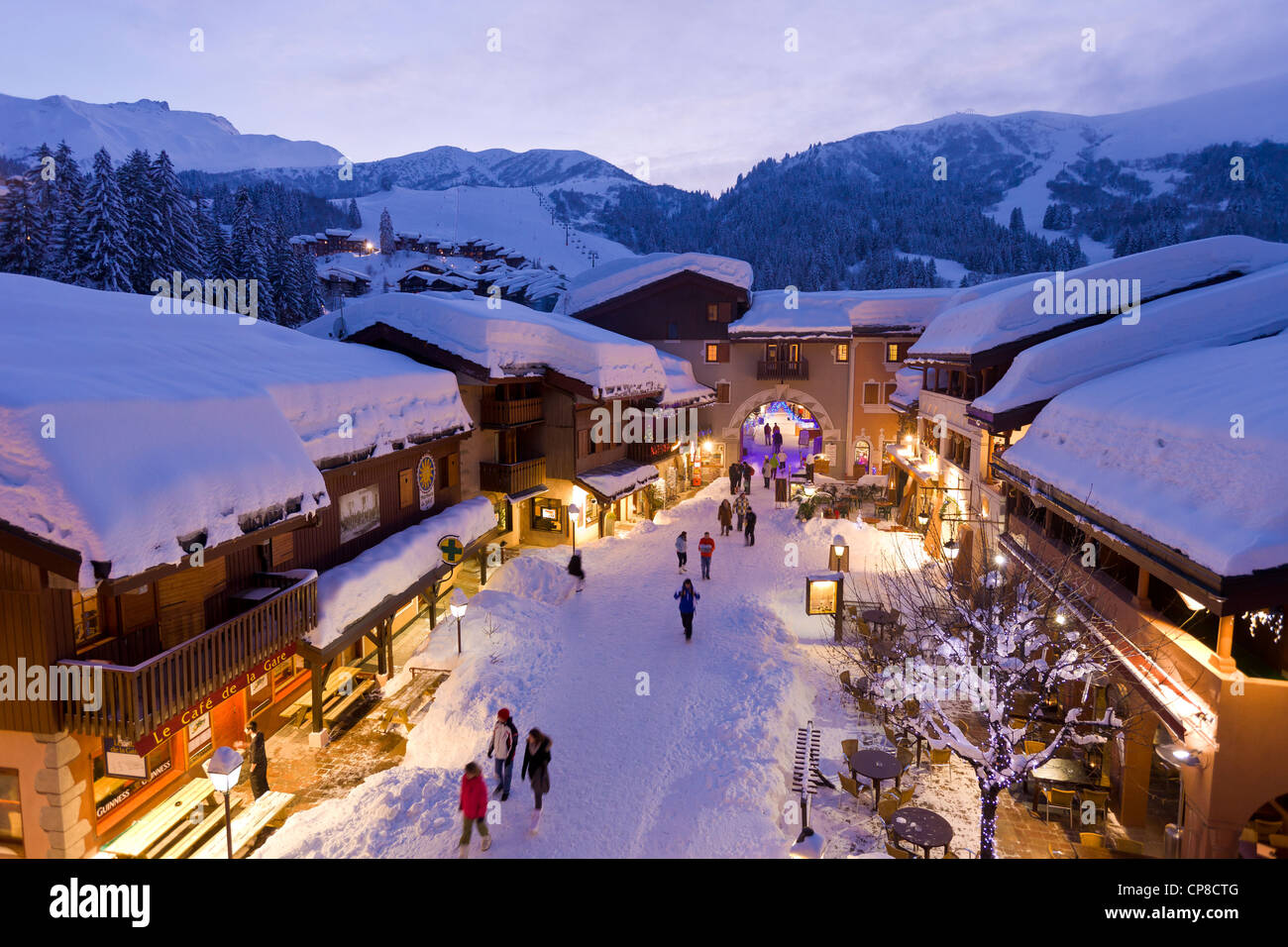 France, Savoie, Valmorel, the Rue du Bourg with a view of the Cheval ...