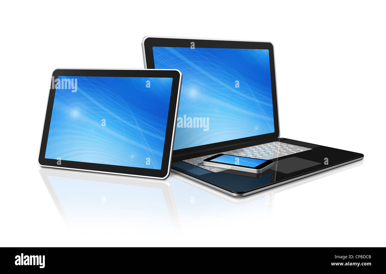 3D laptop, mobile phone and digital tablet pc computer - isolated on ...