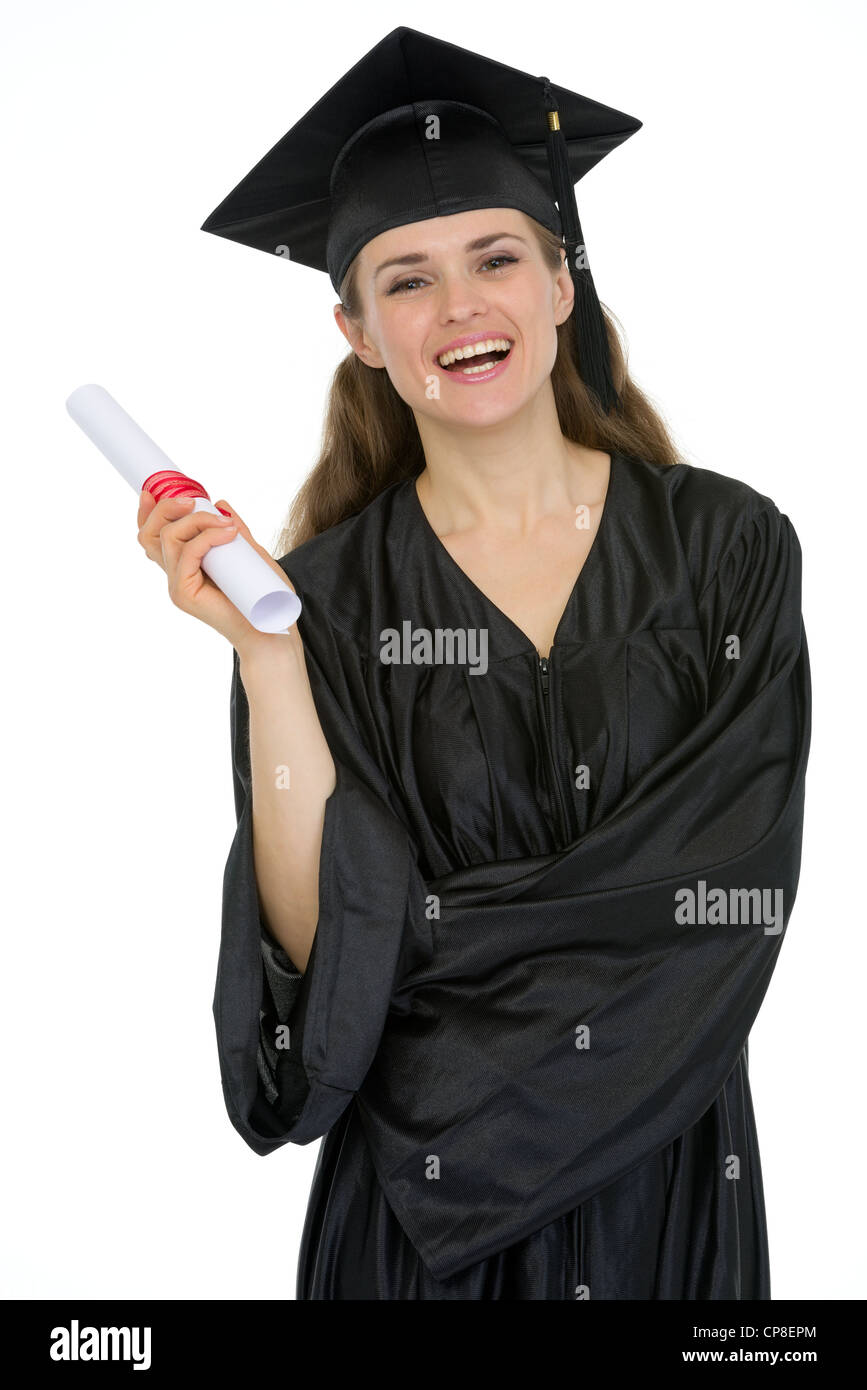 Smiling graduation female student holding diploma Stock Photo - Alamy