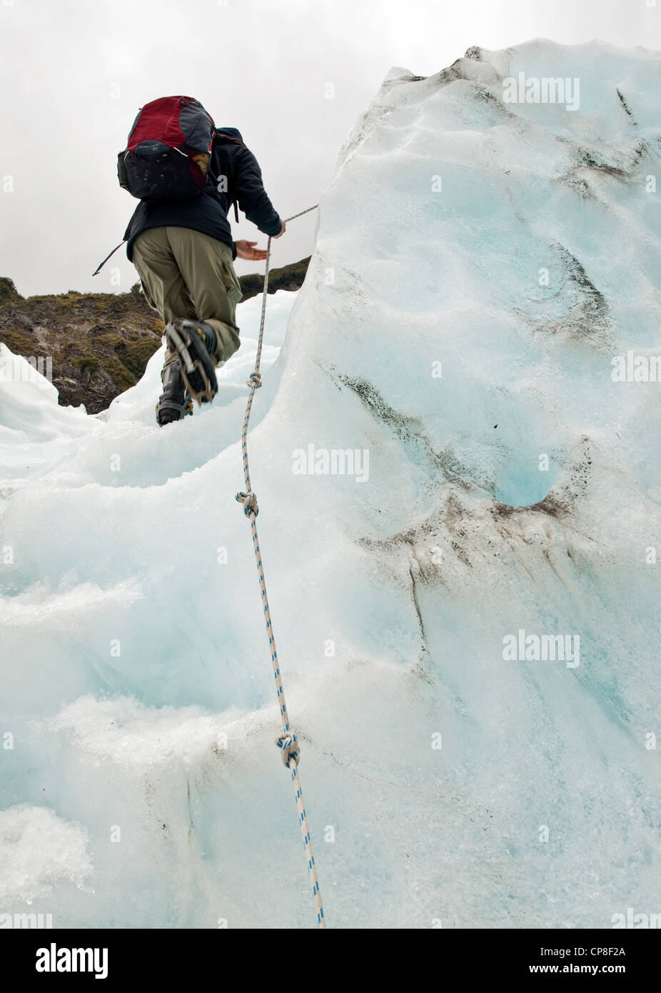 walker climbing ice-carved steppes on Franz Josef glacier in New ...