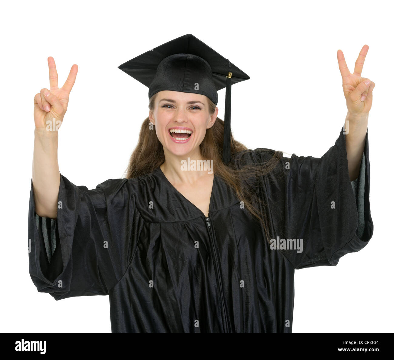 Happy graduation student showing victory gesture Stock Photo - Alamy