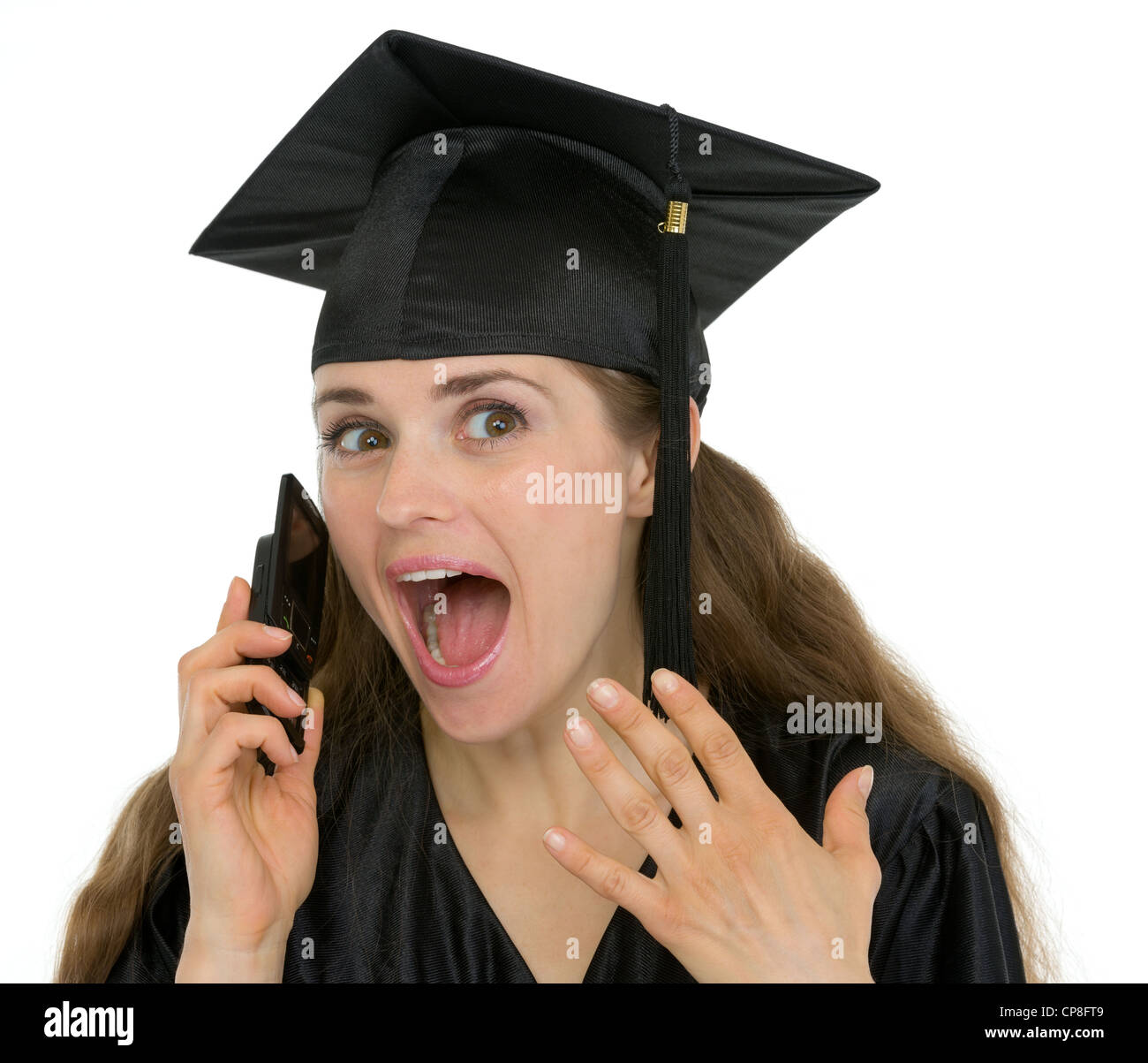 Portrait of excited graduation student girl speaking phone Stock Photo ...