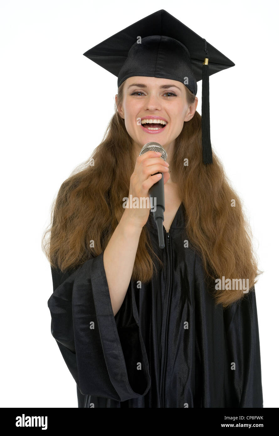 Happy graduation student woman speaking microphone Stock Photo - Alamy